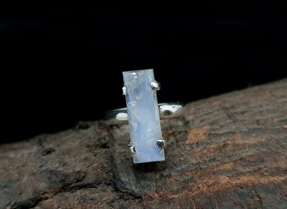 Natural Moonstone Ring Rectangle Blue Flashy Moonstone Ring - Etsy