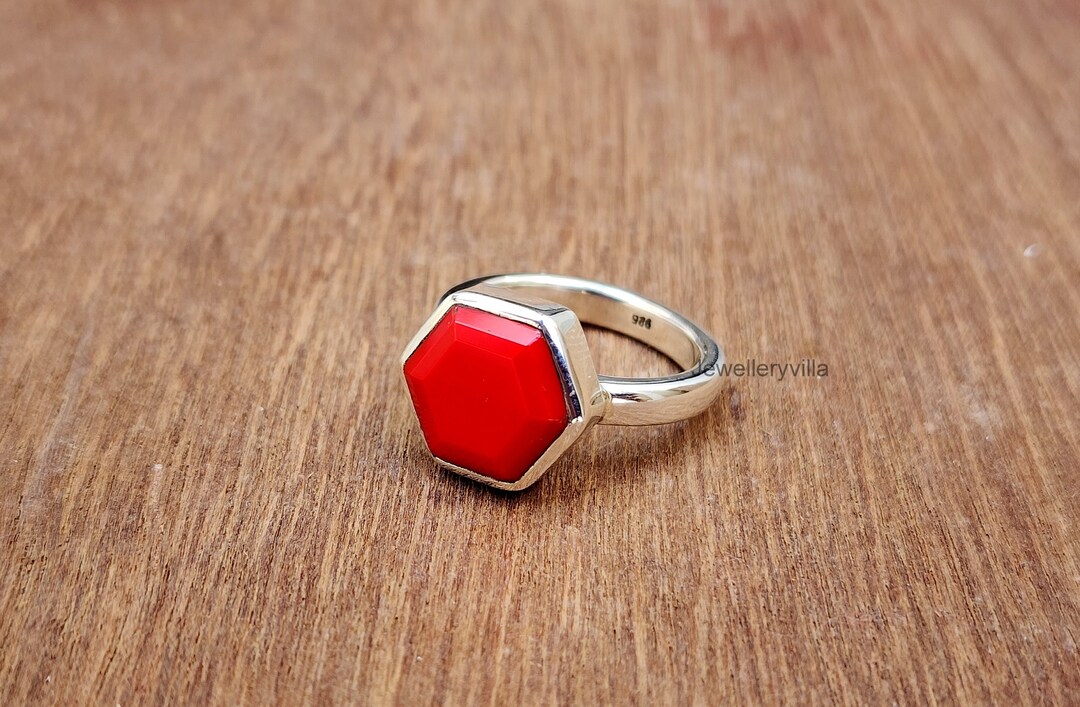 Red Coral Hexagon Ring, 925 Solid Sterling Silver Ring, Gift Ring, Men ...