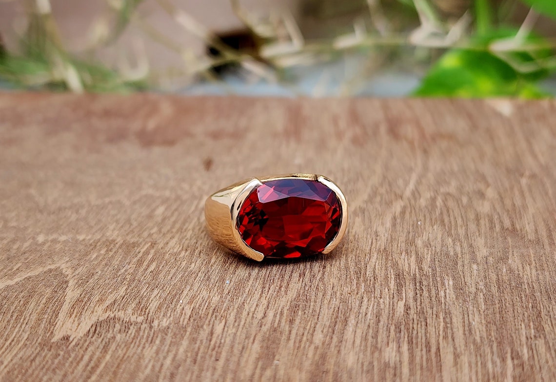 Red Garnet Signet Ring, 925 Sterling Silver, 22K Yellow Gold Ring ...