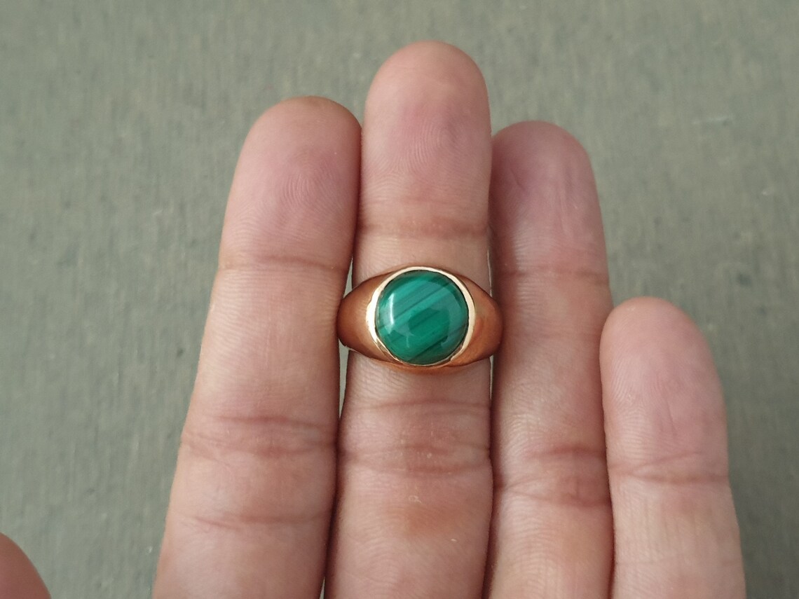 Round Malachite Signet Ring Copper Ring 925 Sterling Silver - Etsy