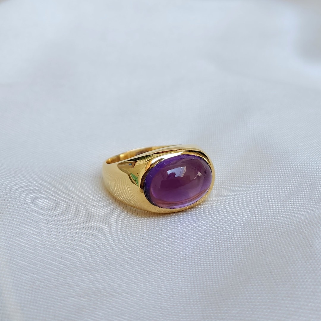 Natural Amethyst Signet Ring, Oval Cabochon Gemstone Ring, Yellow Gold ...