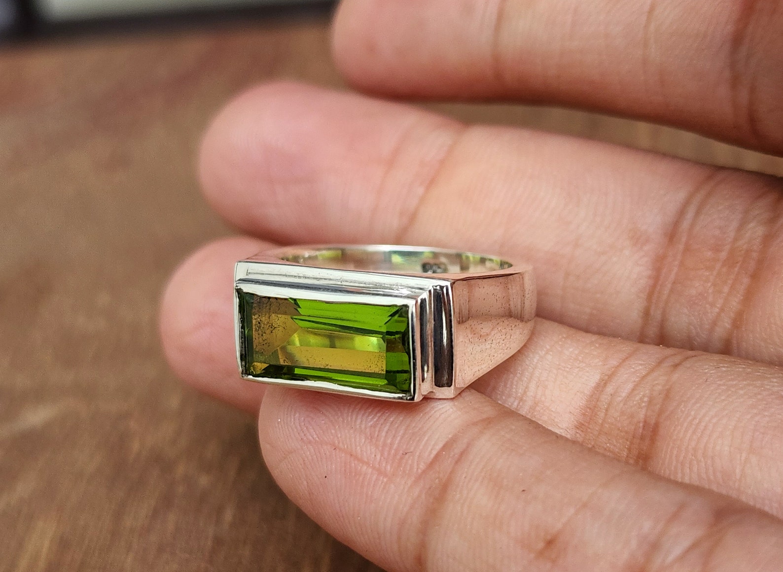 Peridot Ring Rectangle, 925 Solid Sterling Silver Ring, 22K Yellow Gold ...