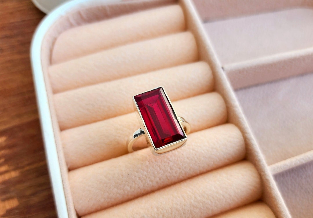 Ruby Ring, Red Rectangle Gemstone Ring, 925 Solid Sterling Silver Ring ...