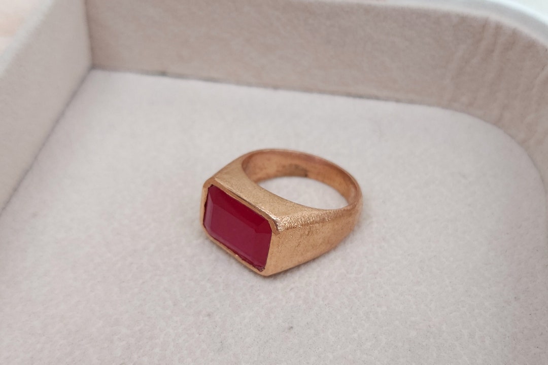 Ruby Signet Ring, Red Emerald Cut Ruby Ring, Copper Ring, 925 Sterling ...