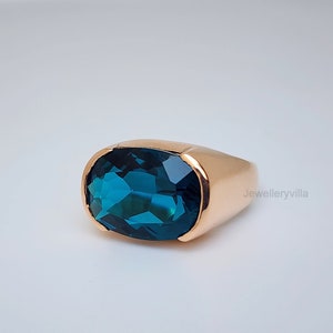 London Blue Topaz Signet Ring, Beautiful Cushion Blue Quartz Gemstone ...