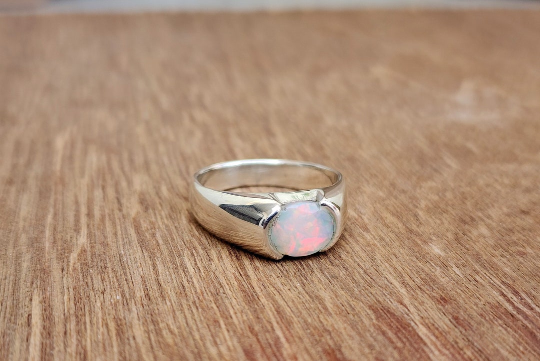 Natural Opal Signet Ring, 925 Solid Sterling Silver Ring, Genuine Small Oval Gemstone Ring, Gift ...
