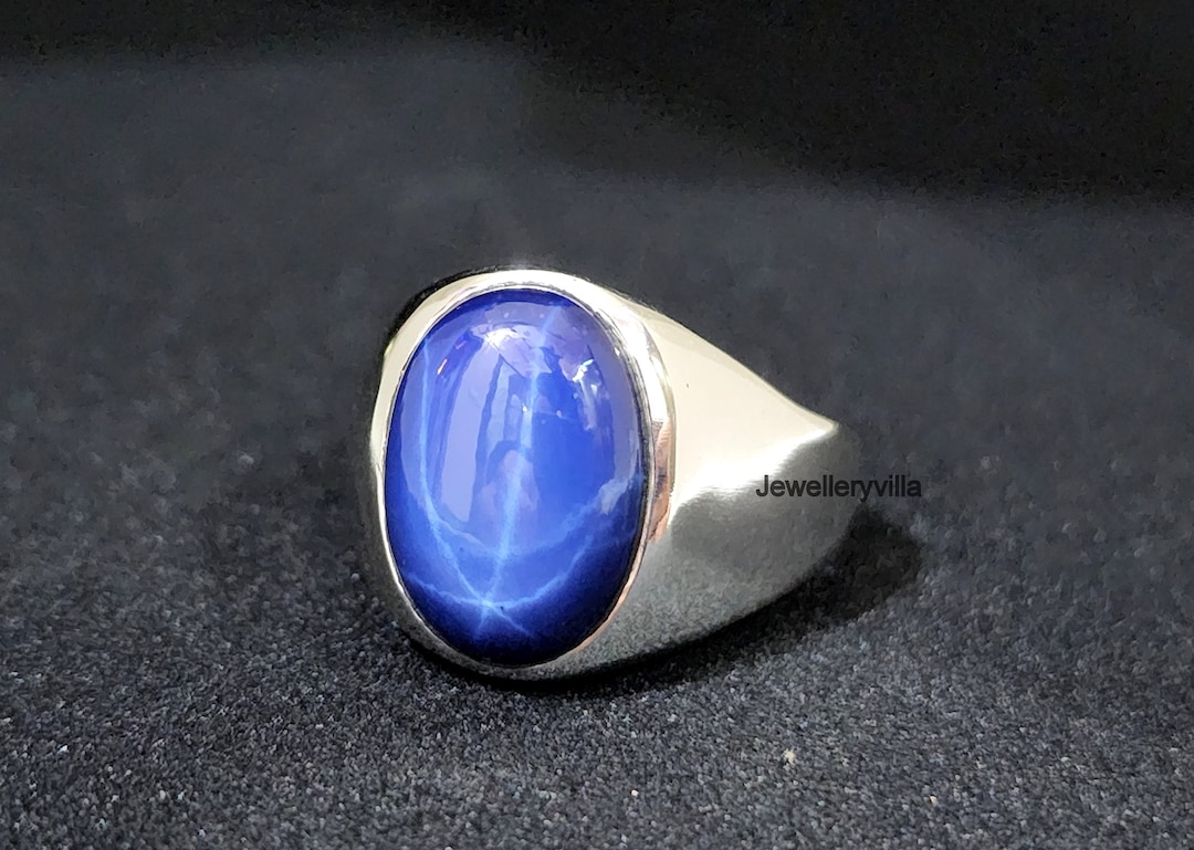 Star Blue Sapphire Signet Ring, Mens Ring, Blue Oval Gemstone Ring, 925 ...