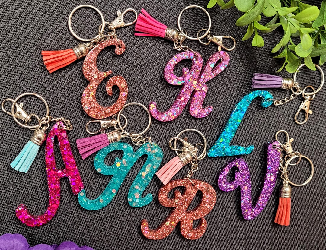 Personalized Initial Glitter Resin Keychain, Fancy Script Initial ...