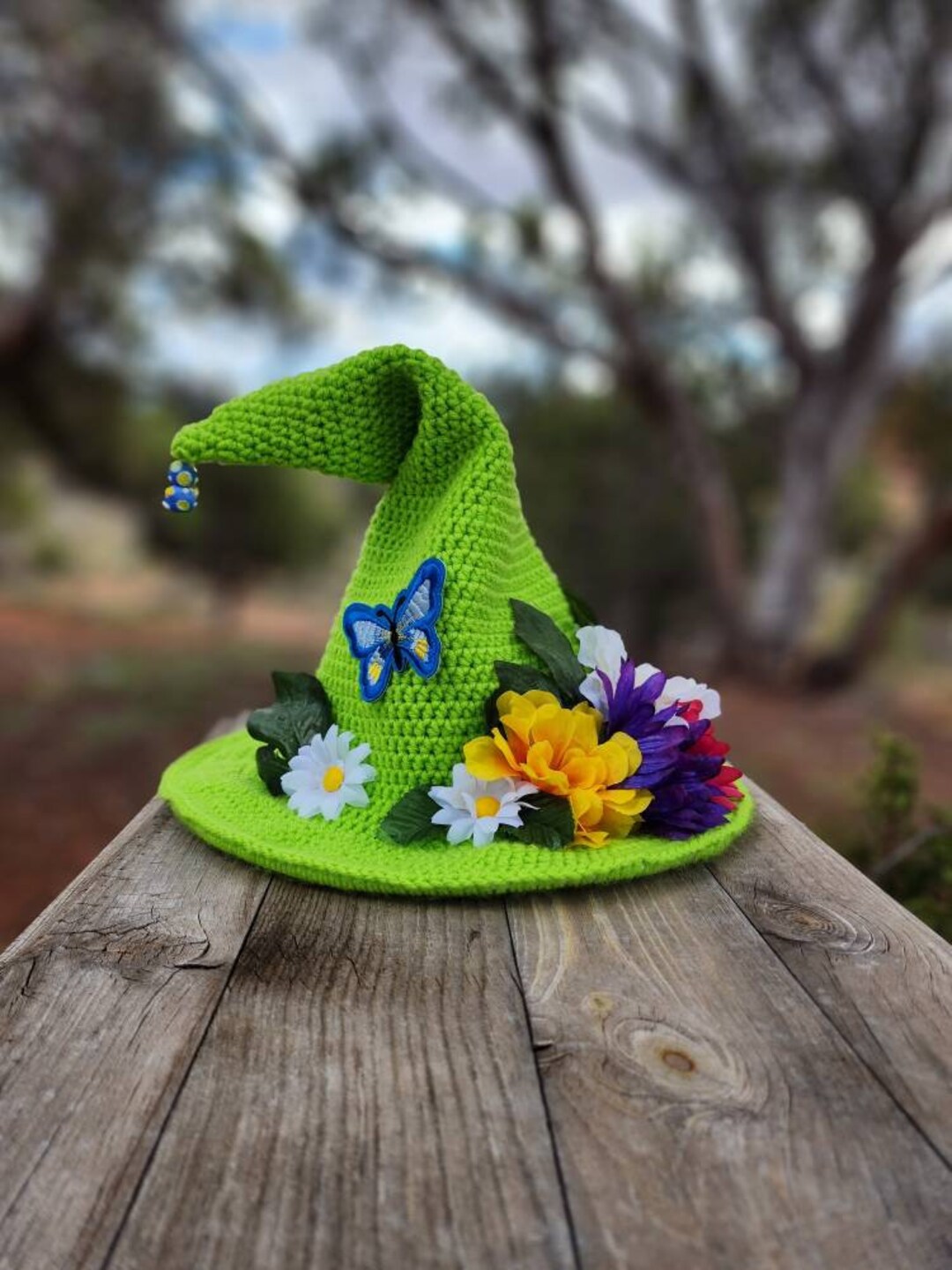 GREEN Floral Floppy Witch Hat With Wire Brim, Witch Hat Costume, Women ...
