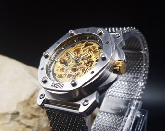 Unusual Watch for Man. Mechanical Automatic Skeleton Movement. Silver ...