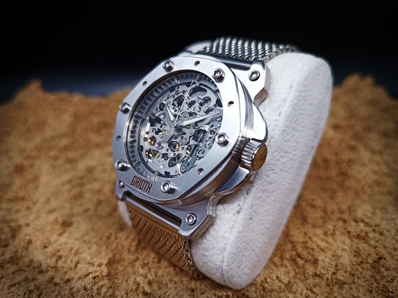 Unusual Watch for Man. Mechanical Automatic Skeleton Movement. Silver ...