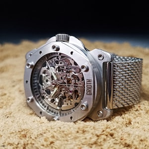 Unusual Watch for Man. Mechanical Automatic Skeleton Movement. Silver ...