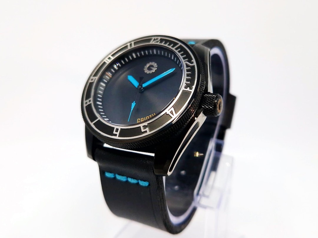 Unusual Black Diver Watch for Man. Automatic SEIKO Movement. Black ...