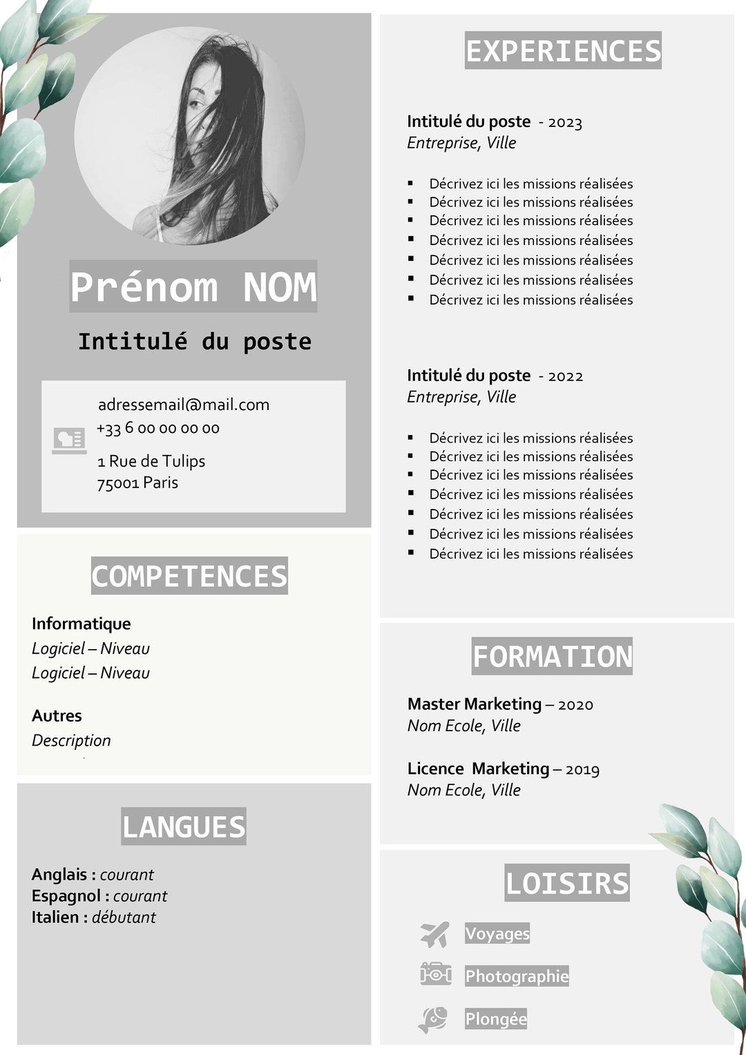FRENCH Creative CV Template Gray - Etsy
