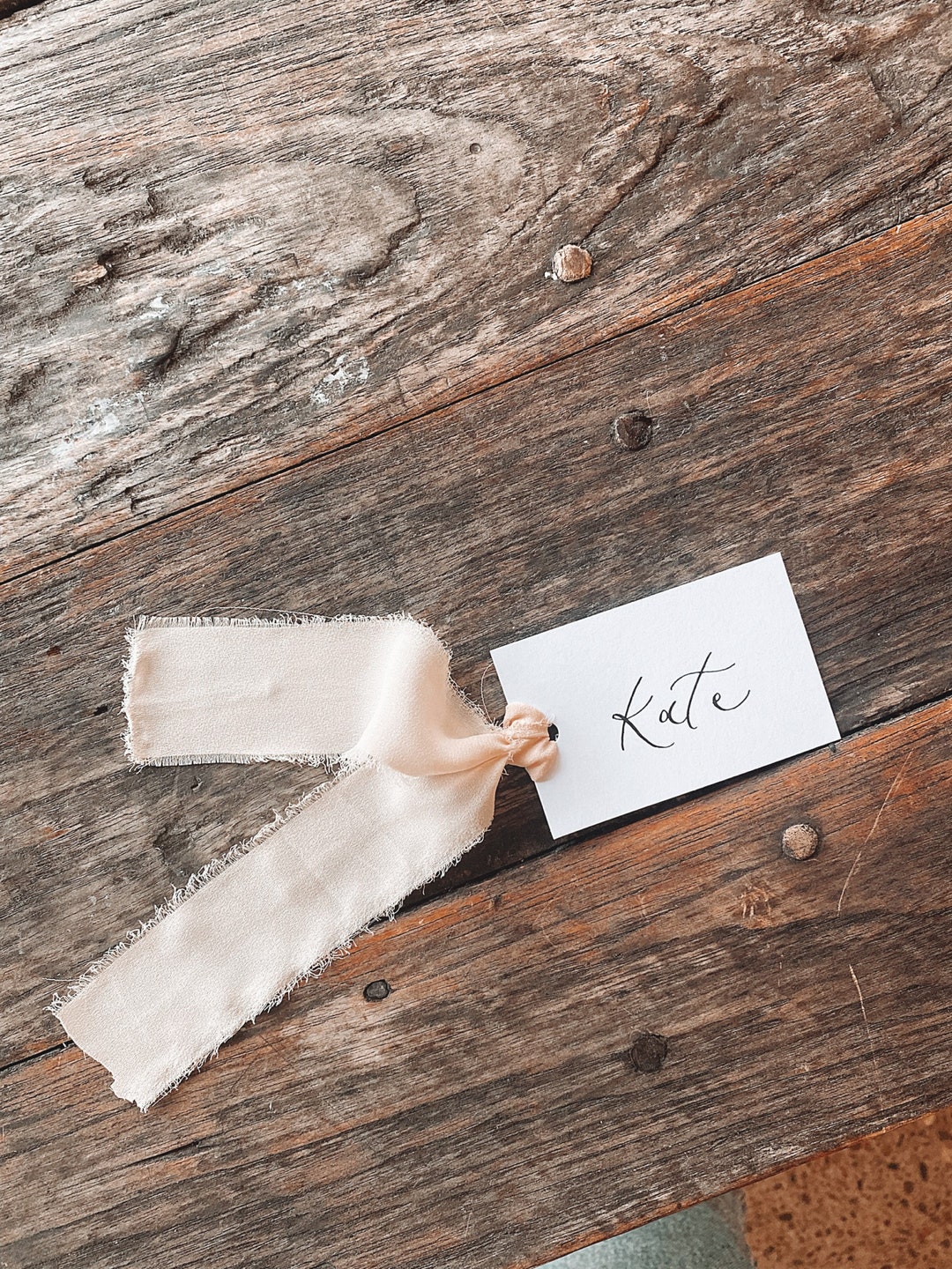 Calligraphy Wedding Place Name Card | White Card, Blush Chiffon ...
