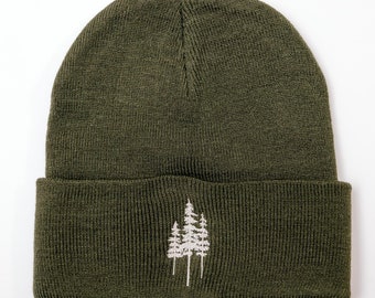 Tree Leather Patch Beanie Evergreen Tree Hat Gift for Him Gift for Her ...