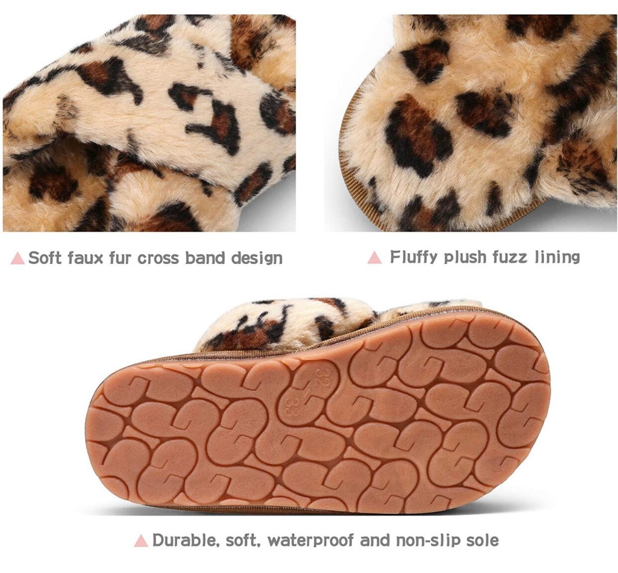 Leopard Girl’s Slippers Plush Furry Open Toe Fur Slides Fluffy House ...