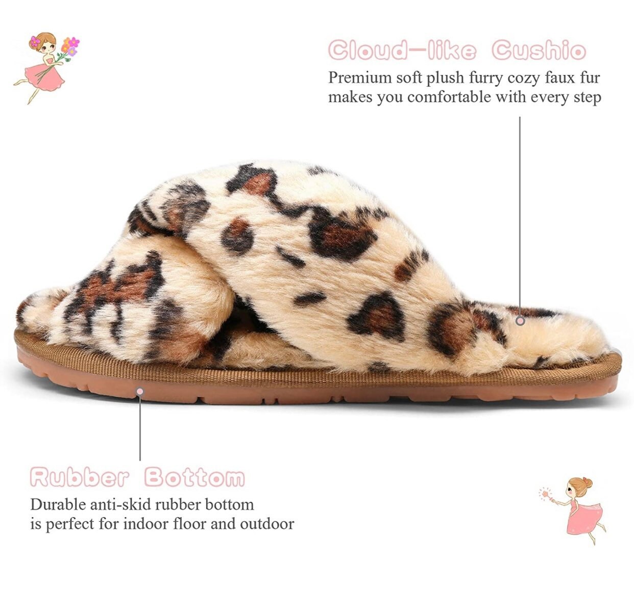 Leopard Girl’s Slippers Plush Furry Open Toe Fur Slides Fluffy House ...