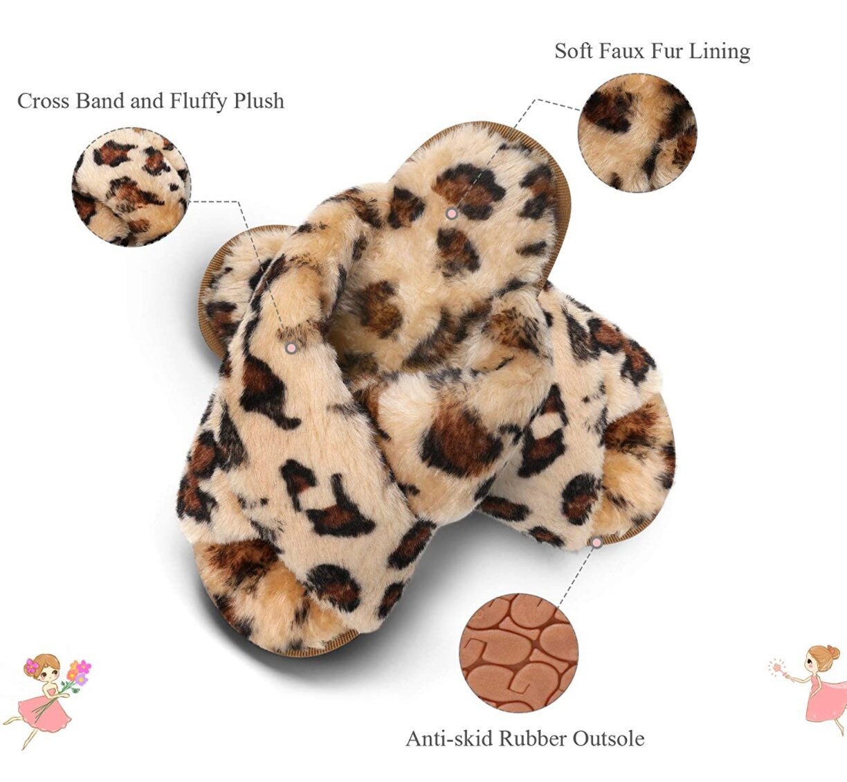 Leopard Girl’s Slippers Plush Furry Open Toe Fur Slides Fluffy House ...