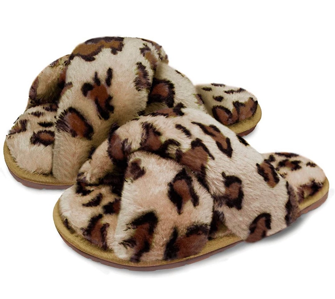 Leopard Girl’s Slippers Plush Furry Open Toe Fur Slides Fluffy House ...