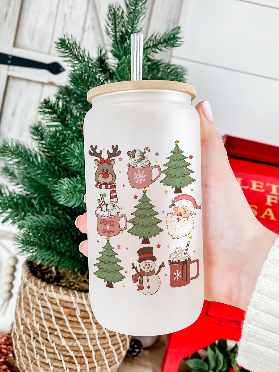 Christmas Glass Can Cup, Trendy Glass Clear Cup, Iced Coffee Cup, Cold ...