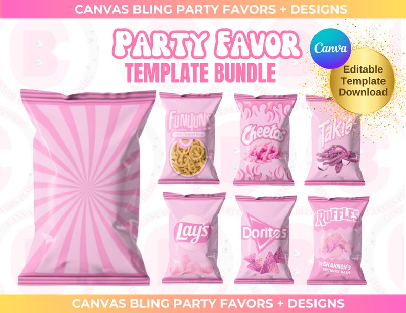Pink Chip Bags, Custom Chip Bag, Party Favor Bags, Water Bottle Label ...