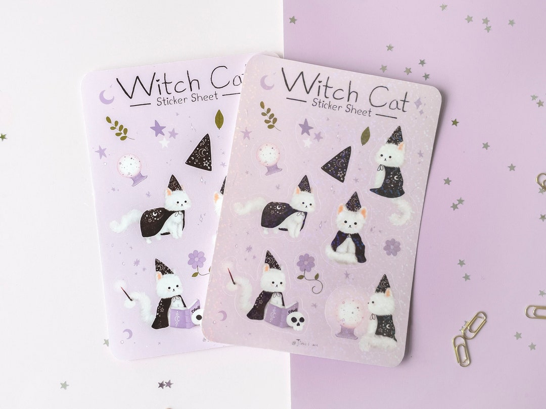 Cute White Fluffy Witch Cat Sticker Sheet - Waterproof Matt | Aesthetic ...