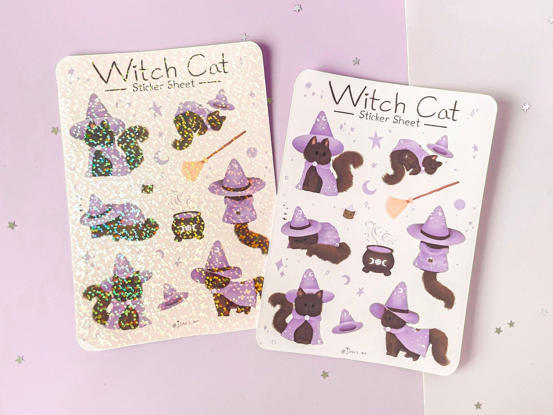Cute Black Witch Cat Sticker Sheet - Kiss Cut Waterproof Matt | Bullet ...