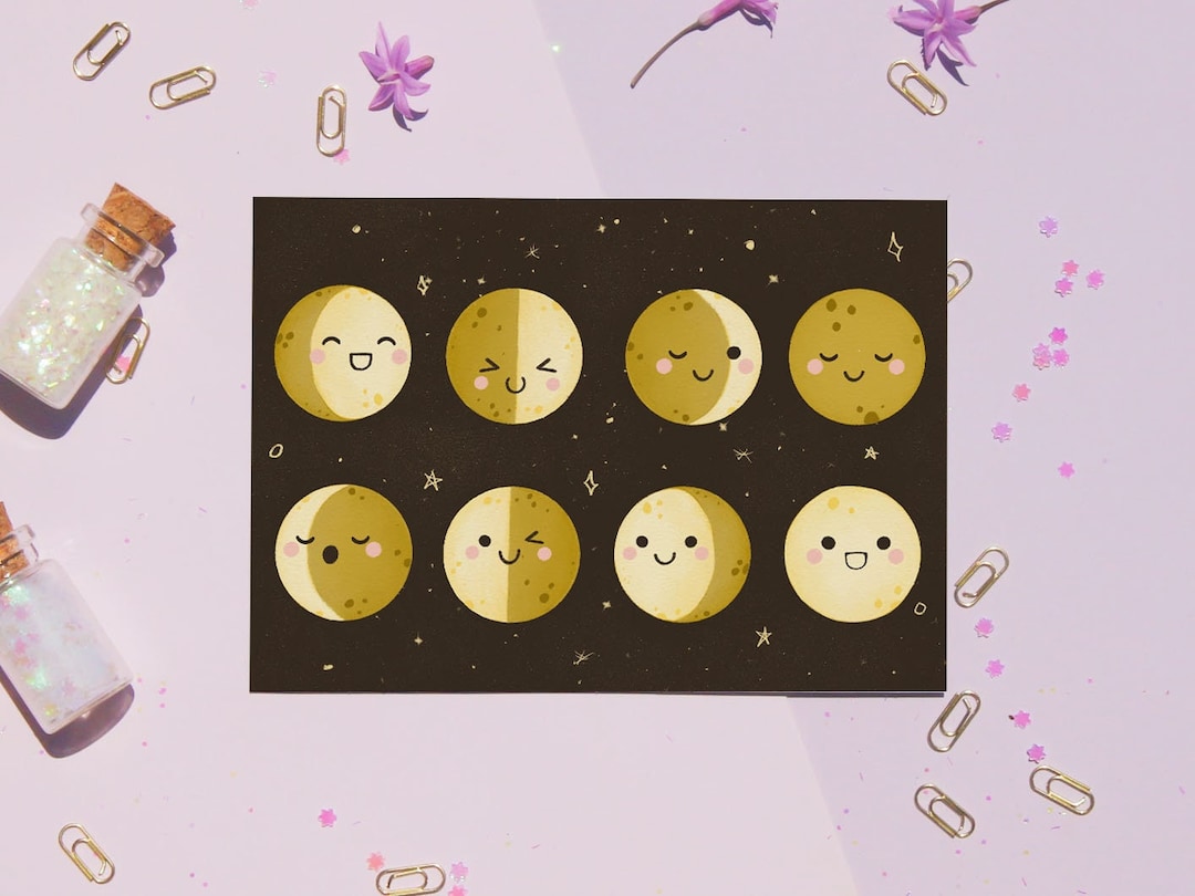 Cute Moon Phases Art Print | Kawaii & Aesthetic Illustration | Wall ...