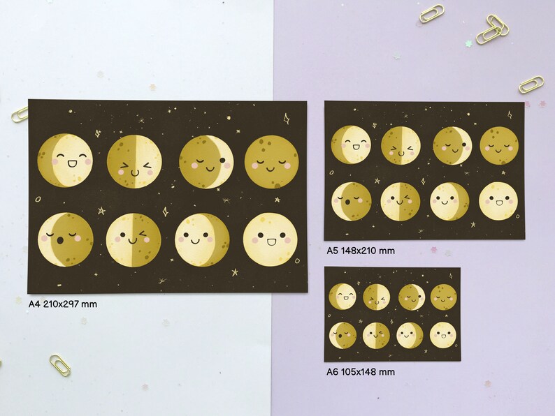Cute Moon Phases Art Print | Kawaii & Aesthetic Illustration | Wall ...
