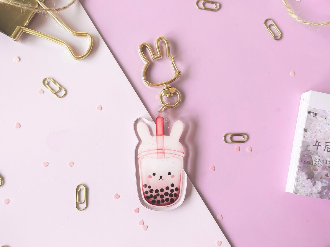 Strawberry Bunny Boba Tea Keychain / Clear Double Sided Acrylic Charm ...