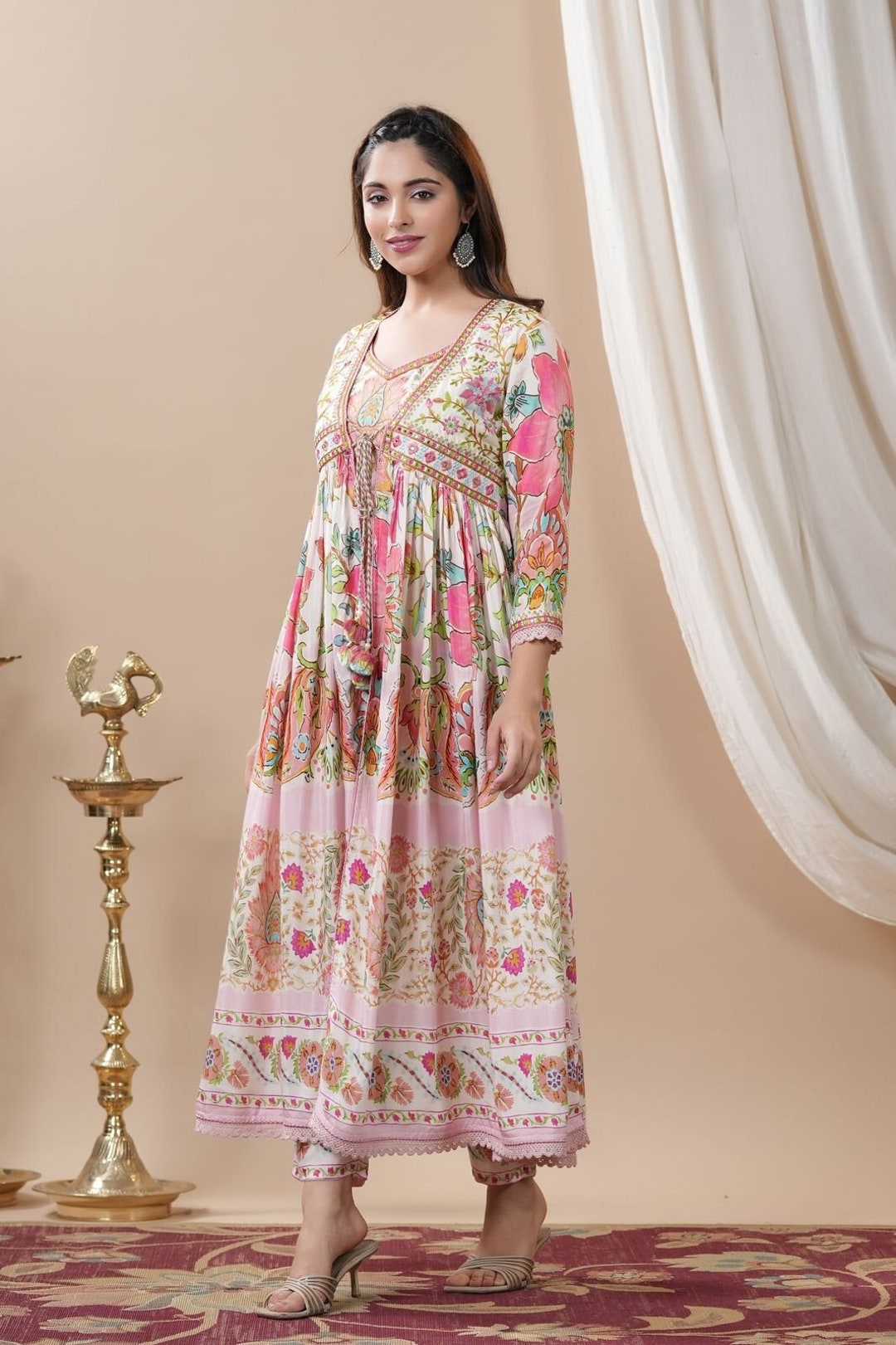 Kurta Set Women Indian Clothing Muslin Fabric Embroidered and Block ...