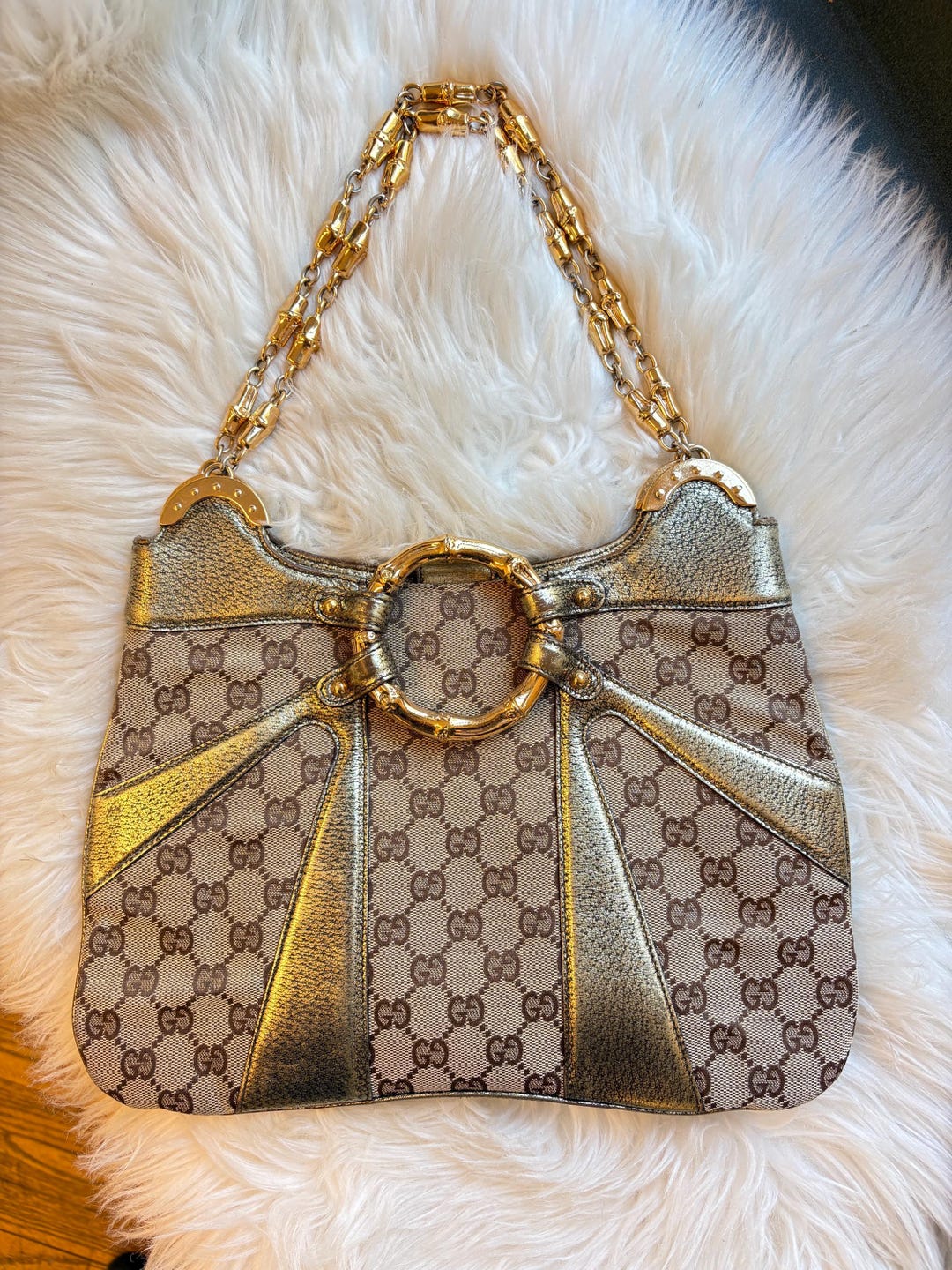 Vintage GUCCI 2004 RARE Tom Ford Metallic Gold Monogram Bamboo Chain ...