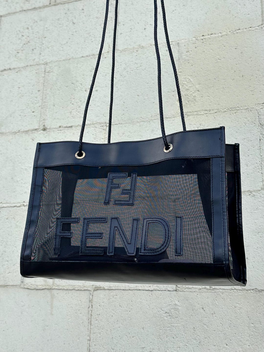 Rare Vintage FENDI FF Logo Monogram Mesh Black Leather Shopper Handbag ...
