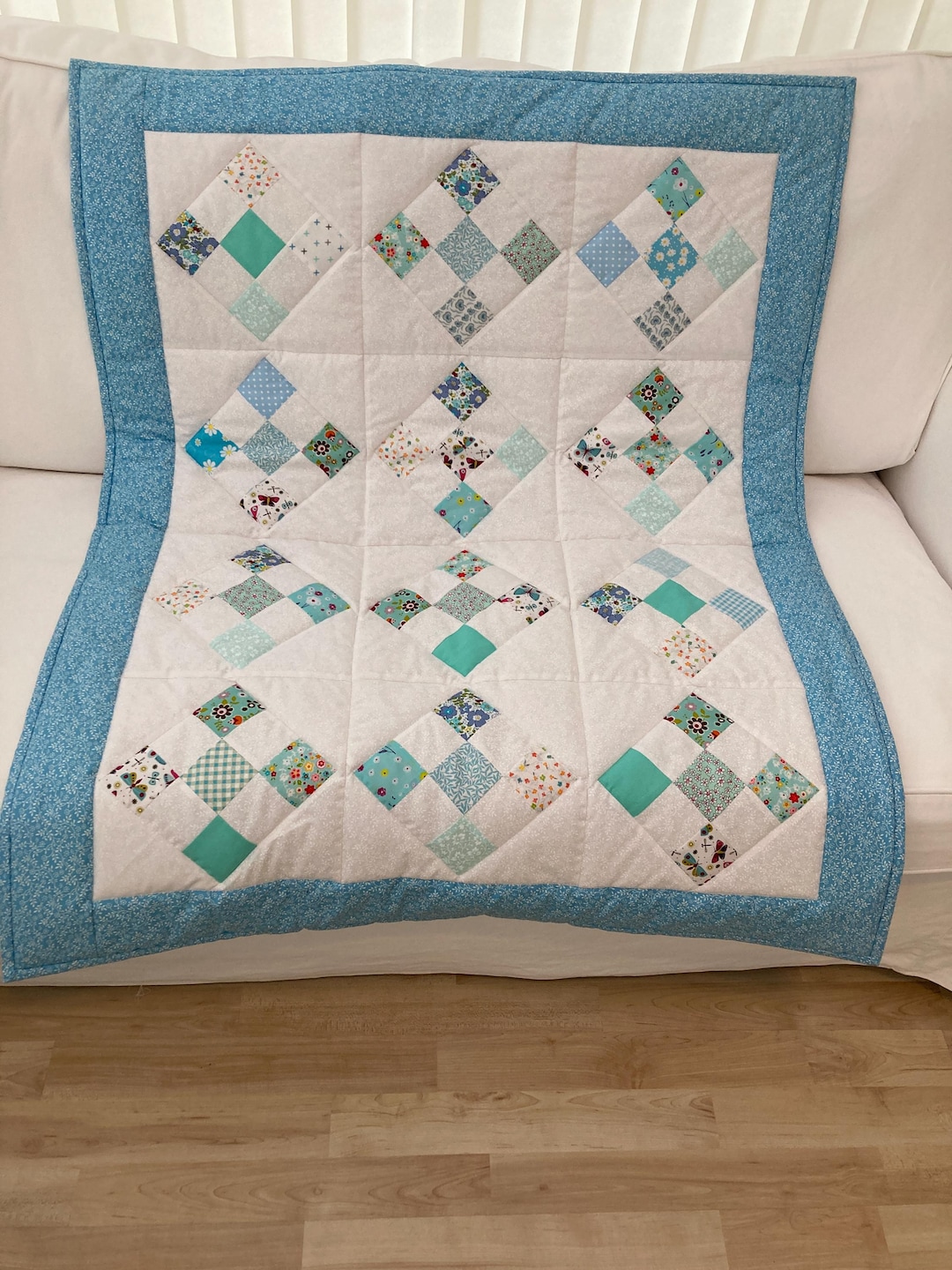 Handmade Cot Quilt. Cotton Fabric. Blue Green White.traditional ...