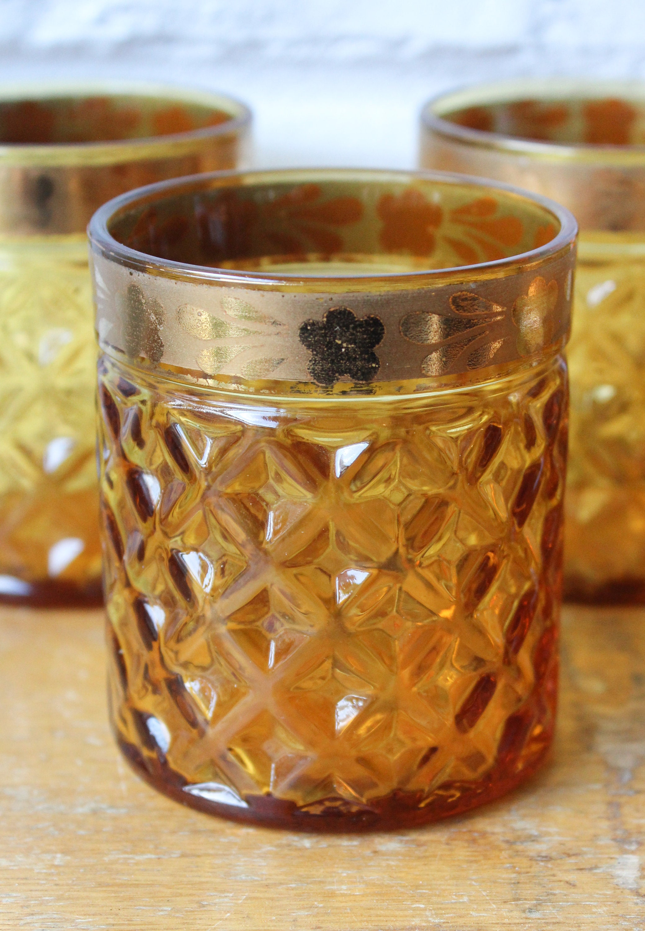 5 VINTAGE GLASSES amber glass 1960, lemonade glasses, whiskey glasses