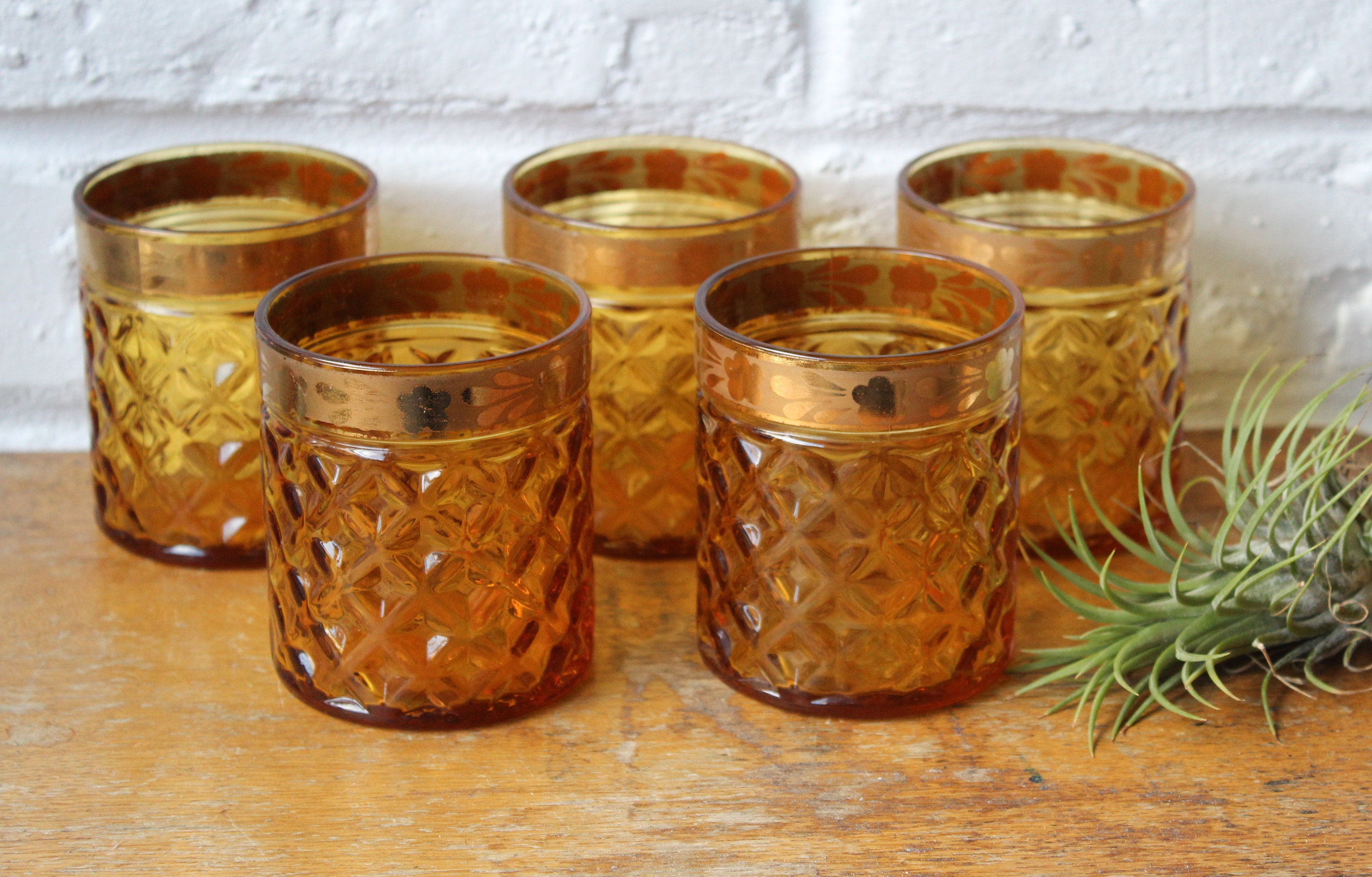 5 VINTAGE GLASSES amber glass 1960, lemonade glasses, whiskey glasses