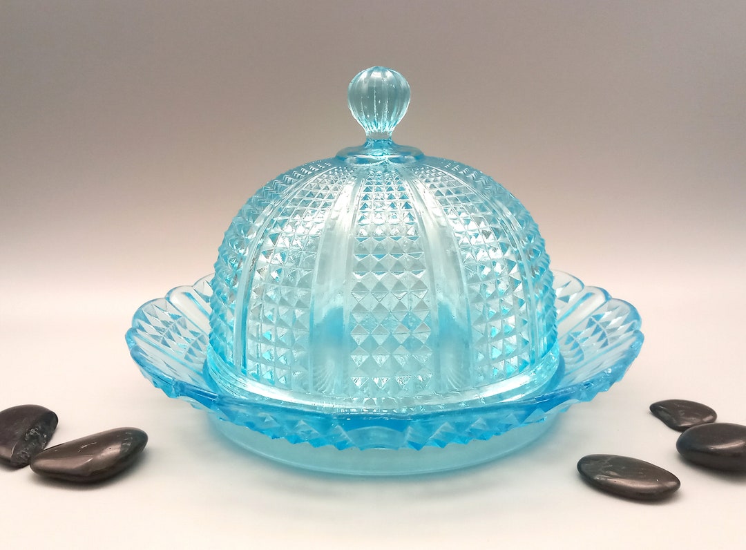 Cheese CLOCHE and Its Tray DISH in Turquoise Blue Glass With - Etsy