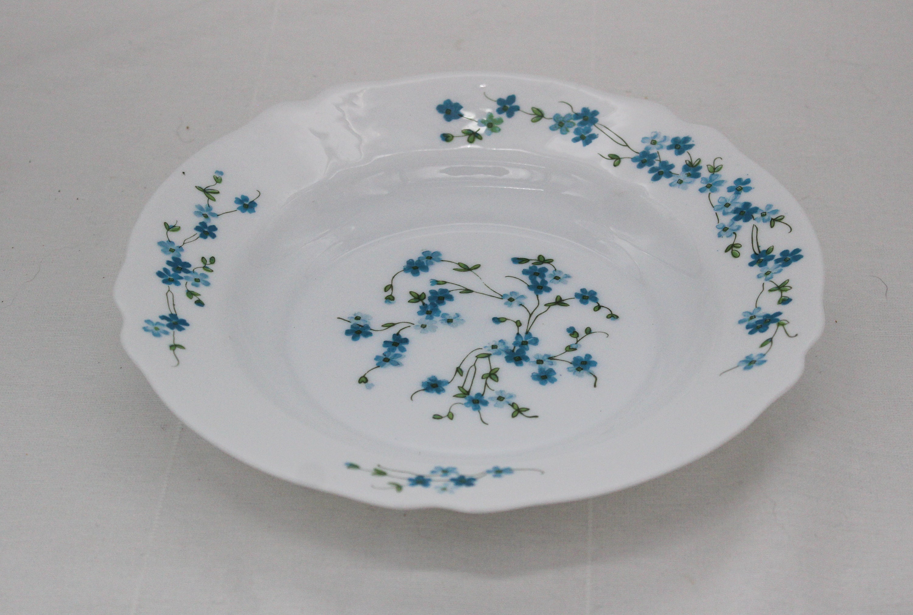 6 French opaline hollow plates arcopal forget-me-not pattern
