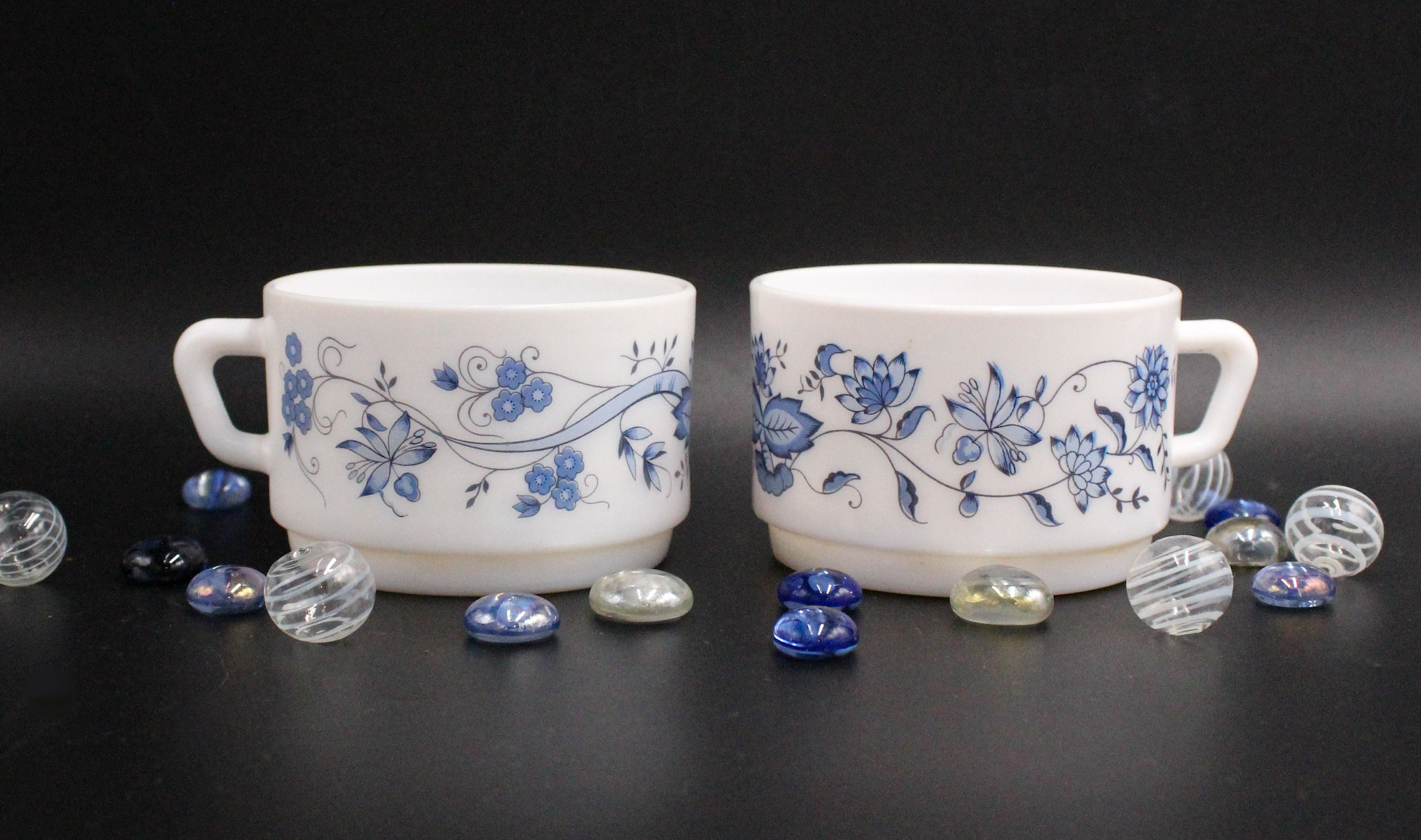 Large CUPS Arcopal blue onion decoration blue flowers France vintage