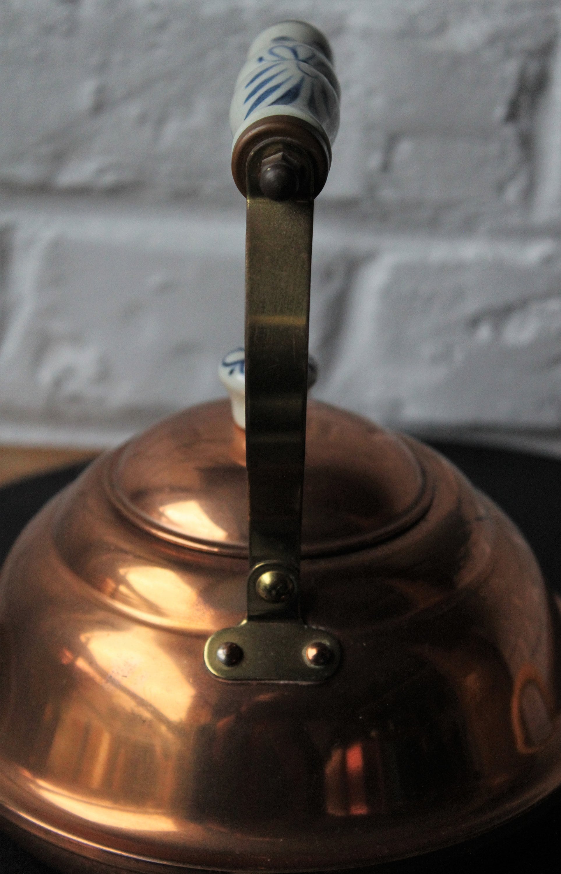 Vintage copper teapot White and blue ceramic handle Country decor