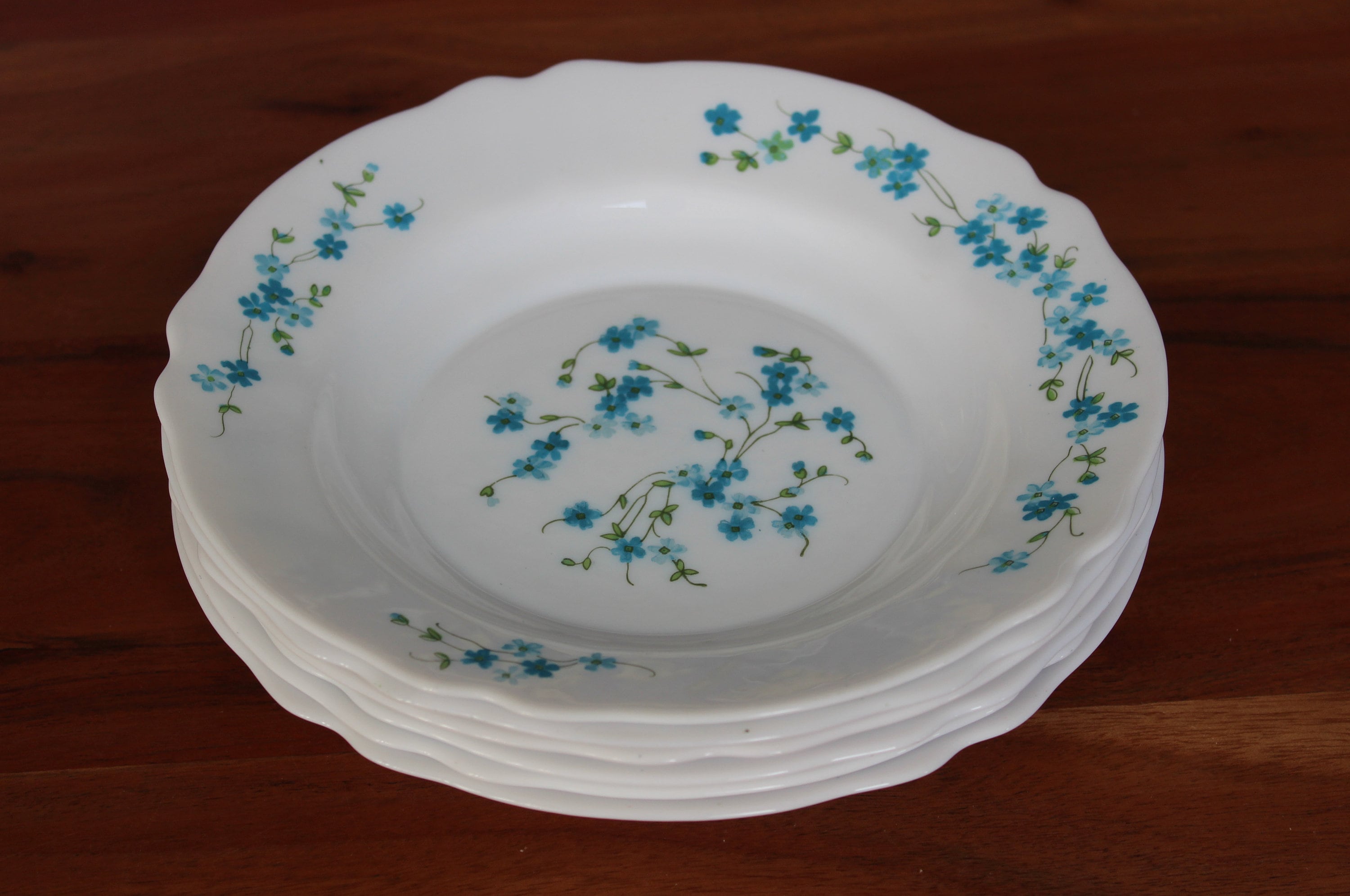 6 French opaline hollow plates arcopal forget-me-not pattern