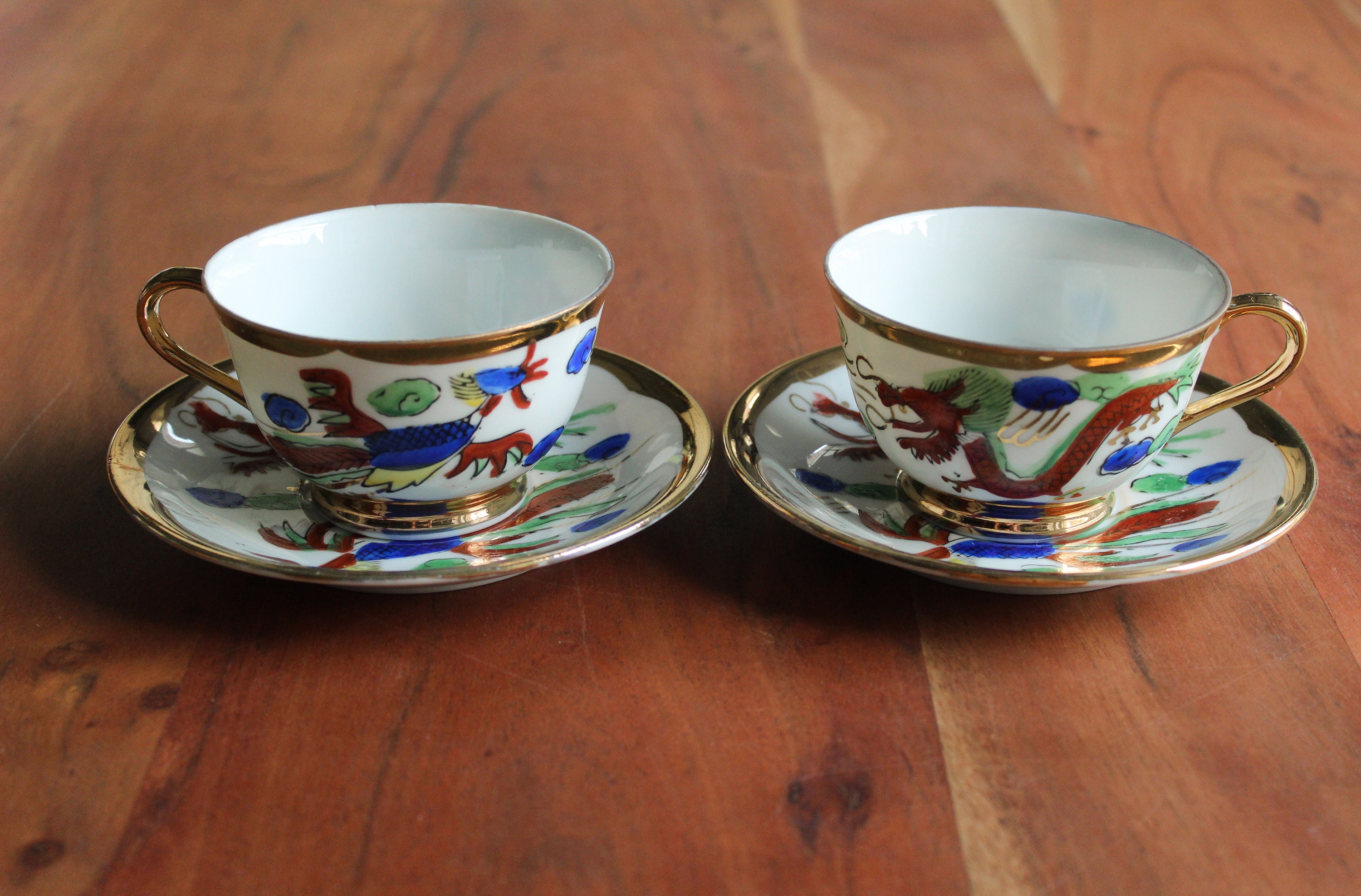 Japanese coffee TASSES duo in dragon pattern porcelain and vintage phoenix