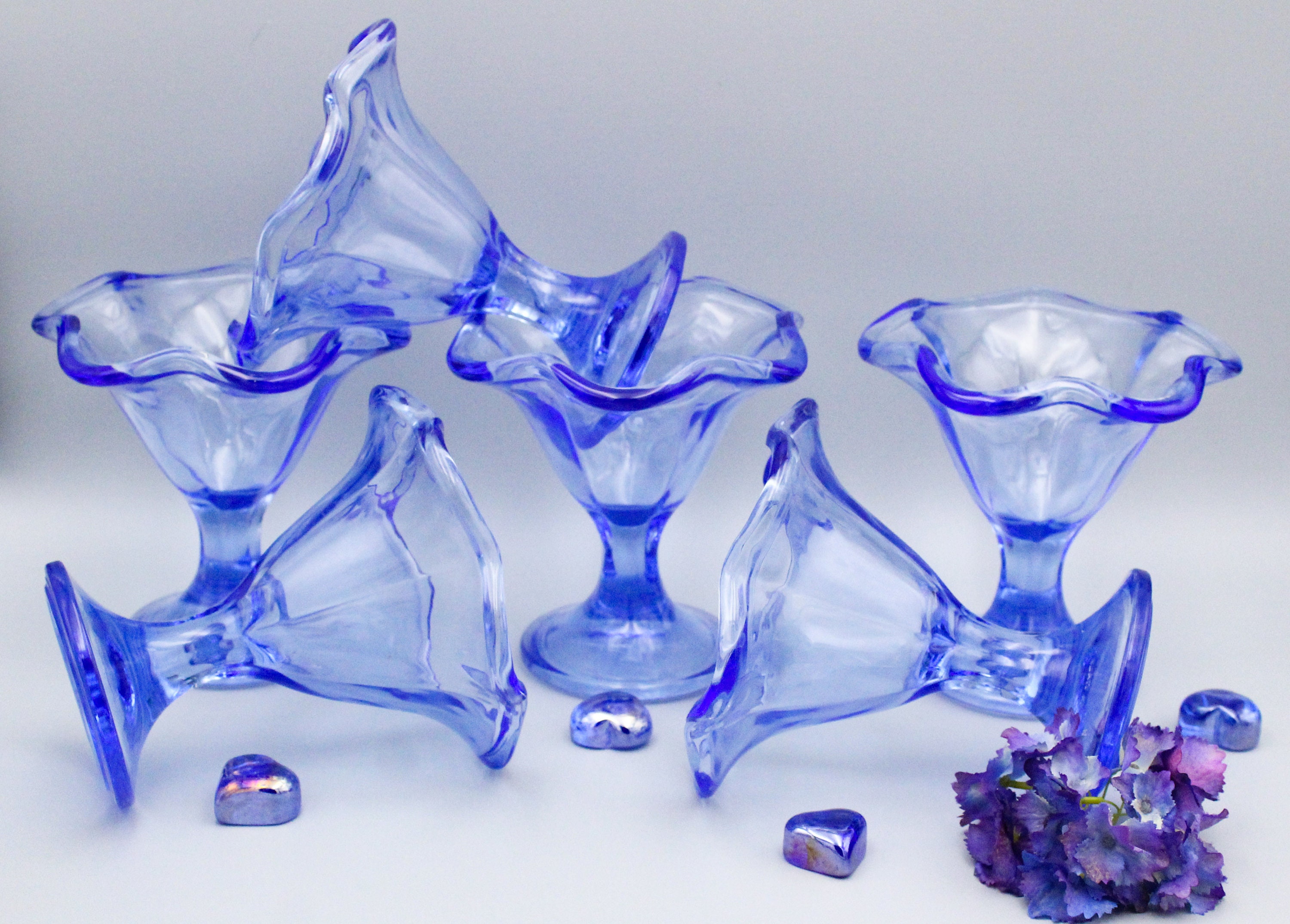 6 blue glass ice cream CUPS, dessert cups Italy