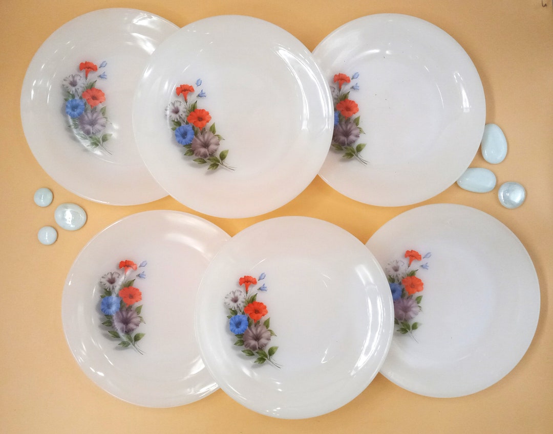 6 French Opaline Dessert PLATES Arcopal Volubilis Pattern, Petunia ...