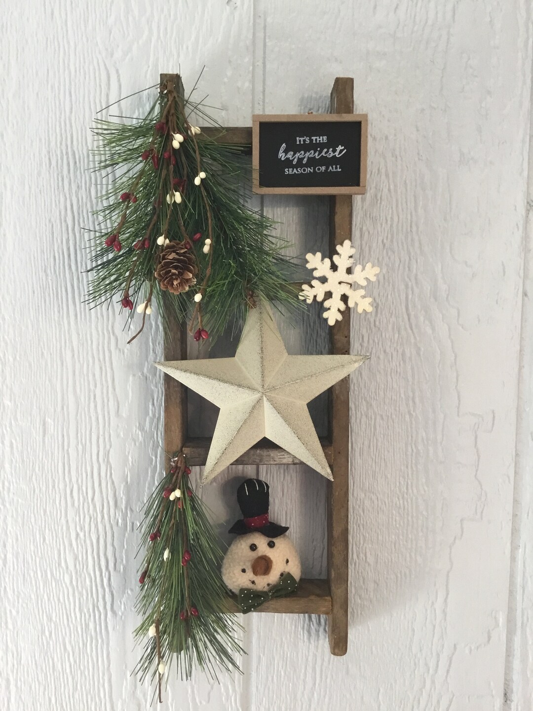 Farmhouse Primitive Small Decorative Tobacco Lath Christmas Ladder With ...