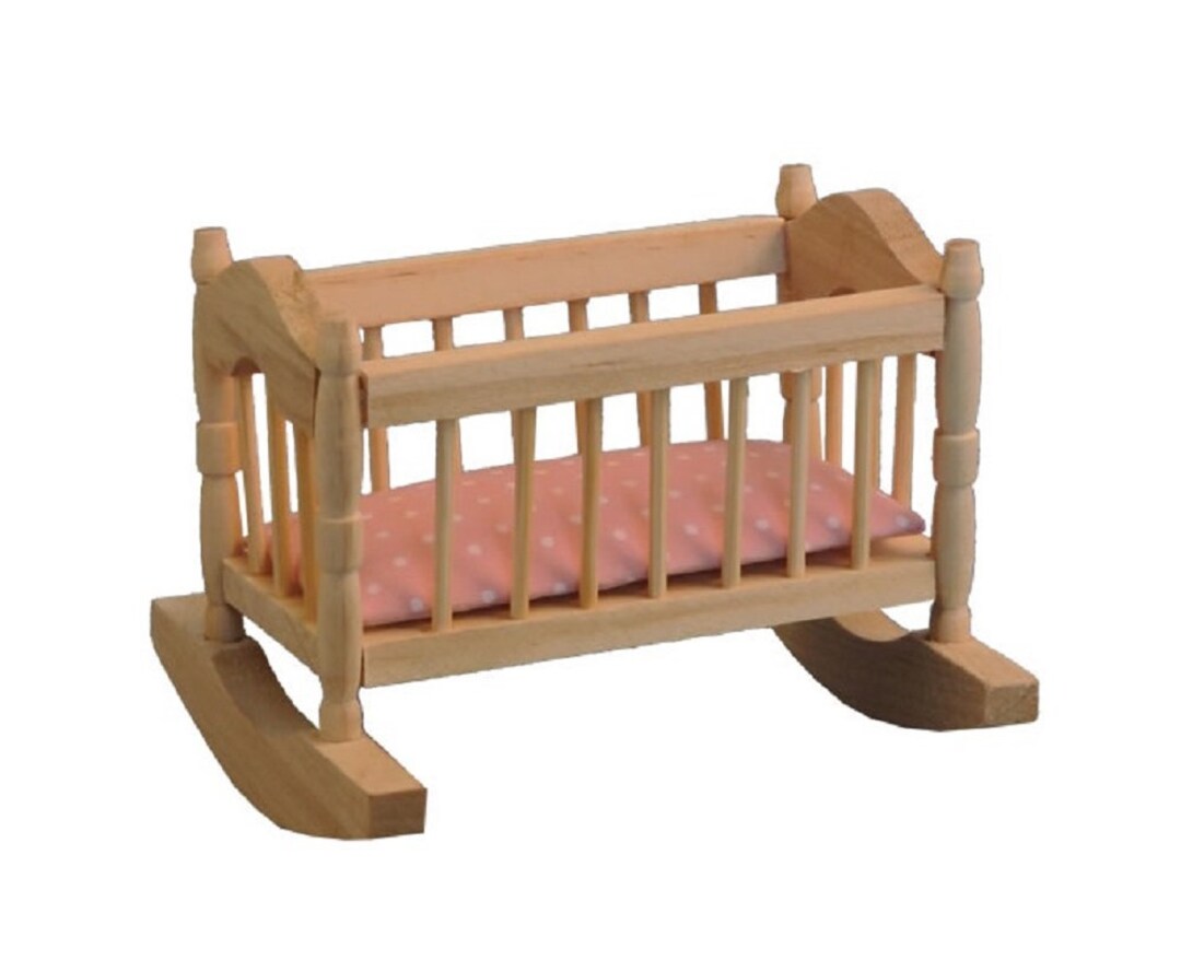 Dolls House Bare Wood Rocking Cradle Crib & Pink Mattress 1:12 Nursery ...