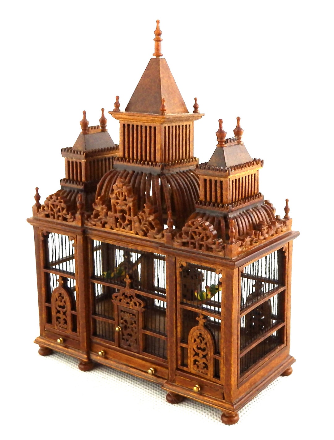 Dolls House Ornate 3 Turret Walnut Wood Victorian Bird Cage With Birds ...