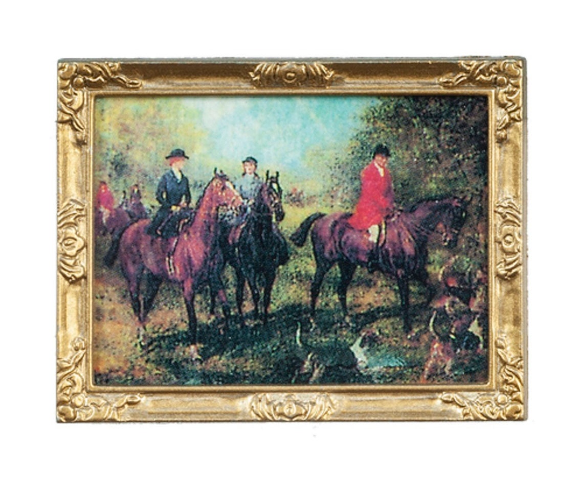 Dolls House Victorian Hunting Scene Picture Painting Gold Framed 1:12 ...