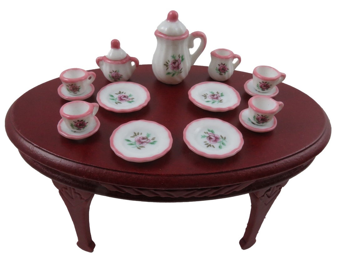 Dolls House Pink Floral Dinner Tea Set Porcelain Miniature Dining ...